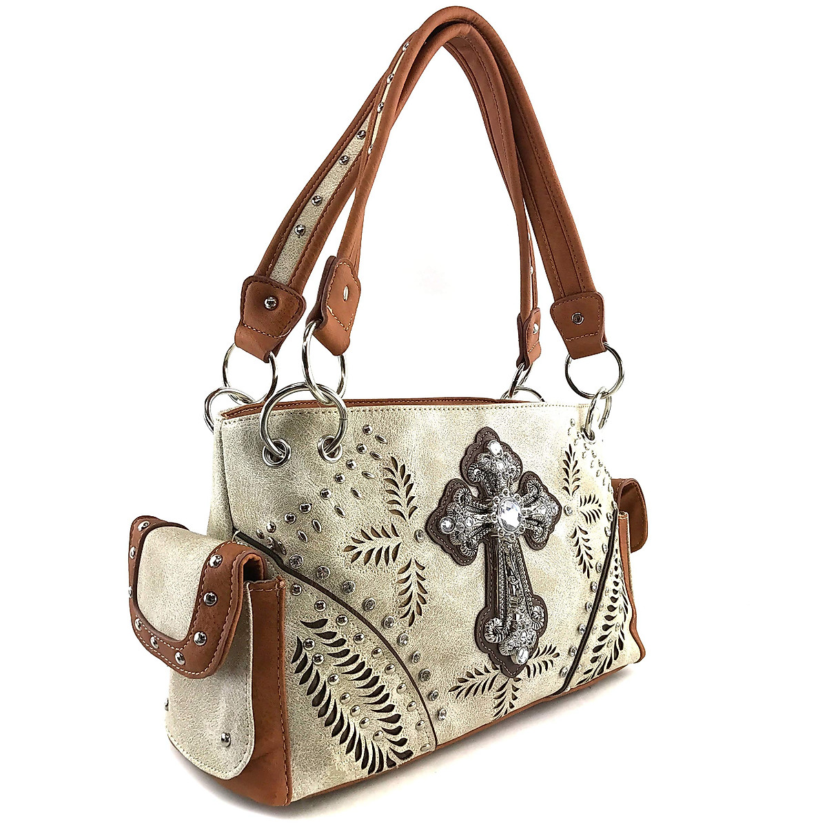 Zelris Fall Fern Leaf Western Cross Women Conceal Carry Handbag Wallet Set (Beige)