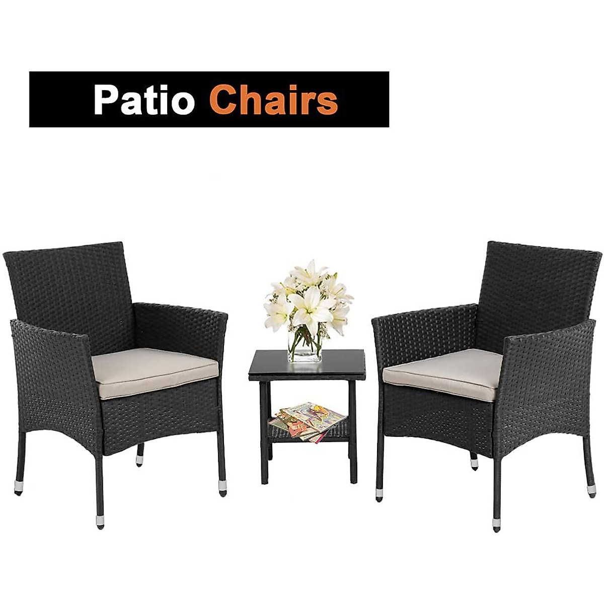 FDW Patio Furniture Set 3 Piece Patio Chair Bistro Set Outdoor Rattan Chairs Wicker Conversation Set for Backyard Porch Poolside Lawn,Black