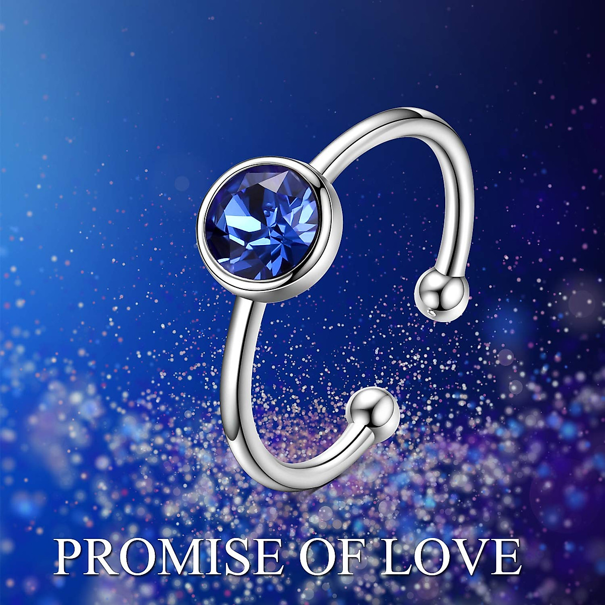 AOBOCO 925 Sterling Silver Created Sapphire Ring September Birthstone Adjustable Stackable Wrap Open Ring for Women, Crystals from Austria