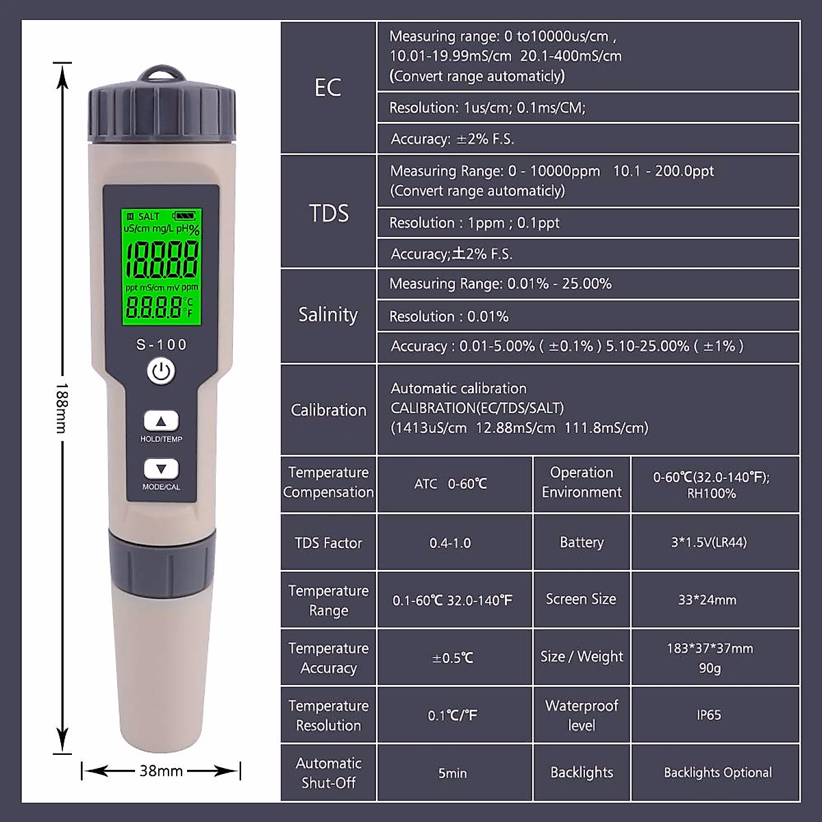 YINMIK Salt Water Tester, Digital Salinity Tester for Salt Water, 4 in 1 Salt/EC/TDS/Temp Meter, Large Range Multi-Parameter Tester for Seawater, Hydroponics, Pool, Aquarium, Fish Pond, Spa