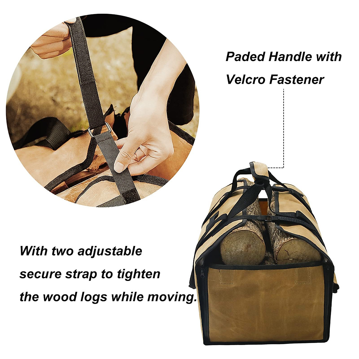 TINY SPARK Large Firewood Tote Log Carrier 2-Way to Carry Waxed Canvas Firewood Carrying Bag Indoor Fire Pit Fireplace Wood Log Case for Outdoor Camping (Khaki)