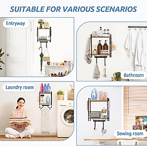 EsLuker.ly 2 Tiers Ironing Board Holder Wall Mount, Iron Board Hanger Rack Organization with Removable Hooks, Laundry Room Shelves with Large Wooden Baskets for Iron and Ironing board Set, Black