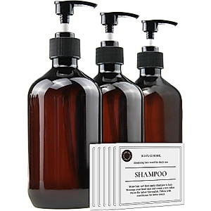 Empty Plastic Bottles with Pump Dispenser and Labels Included, Refillable Travel Containers for Hand sanitizer Shampoo Lotion, etc - BPA/Paraben Free, 500ml/16.9oz (Amber, 3 Pack)