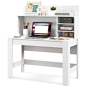 Tangkula White Desk with Hutch, Home Office Desk with Bookshelf, Writing Study Desk with Anti-Toppling Device & Cable Hole, Modern Computer Workstation PC Laptop Desk for Small Space, Bedroom