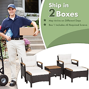 HAPPYGRILL 5 Pieces Patio Furniture Set Outdoor PE Wicker Lounge Chair and Ottoman Set with Cushions and Side Table with Acacia Wood Tabletop, Outdoor Conversation Set for Garden Poolside Backyard