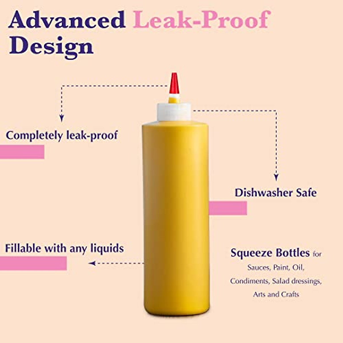 6-pack Premium Plastic Condiment Squeeze Squirt Bottles for Sauces, Paint,Oil, Condiments,Salad Dressings, Arts and Crafts - Food Grade-Includes Funnel, Erasable Marker and Reusable Labels (16 oz)