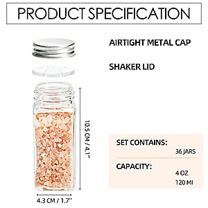 HAKEEMI 36 Pcs Spice Jars with Spice Labels, 4 oz Empty Glass Spice Containers with Shaker Lids & Metal Caps, Square Seasoning Jars Bottles