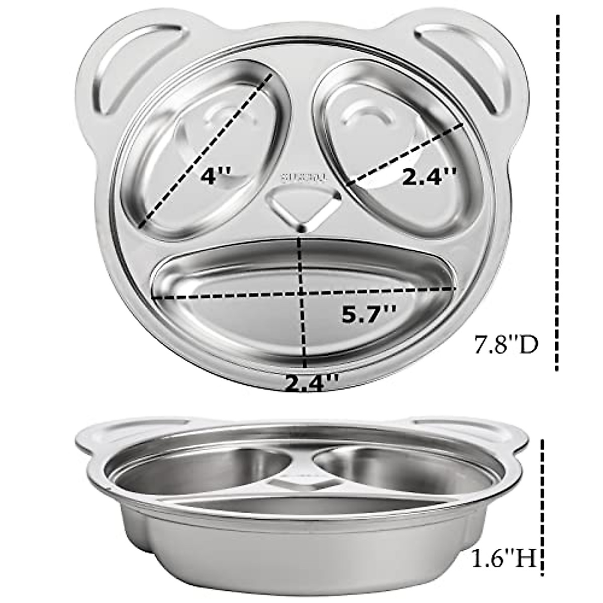 Lyellfe Set of 4 Stainless Steel Divided Plates, 3 Sections Unbreakable Dinner Plates, Cute Panda Shape Divided Plates for Picky Eaters, Lunch, Camping