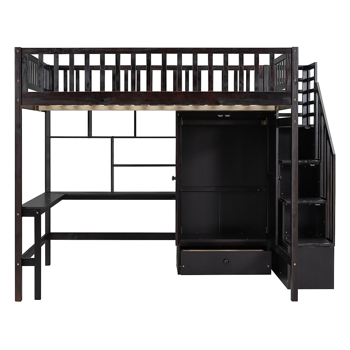 Full Size Loft Bed with Desk, Wardrobe, High Loft Bed Frame with Storage Staircases, Drawer Solid Wood Loft Beds for Kids, Boys and Girls,Teens, No Box Spring Needed (Espresso)