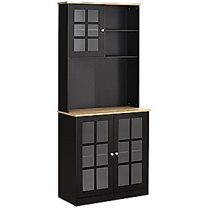 HOMCOM Kitchen Buffet with Hutch, Storage Pantry with 3 Cabinets, 2 Open Shelves and Large Countertop, Black