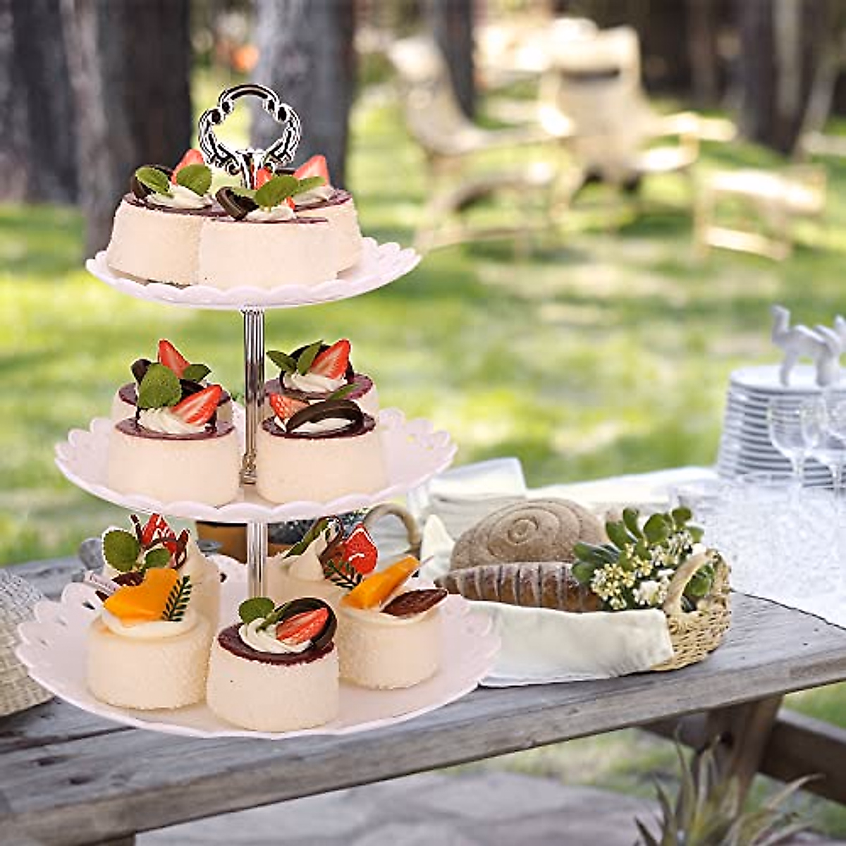 3 Tier Dessert Tray 2 Pack Cupcake Stand White Cake Holder 3-Tiered Serving Tray Large Round Lace Trays Table Decorations Platter for Party Wedding Serving Trays