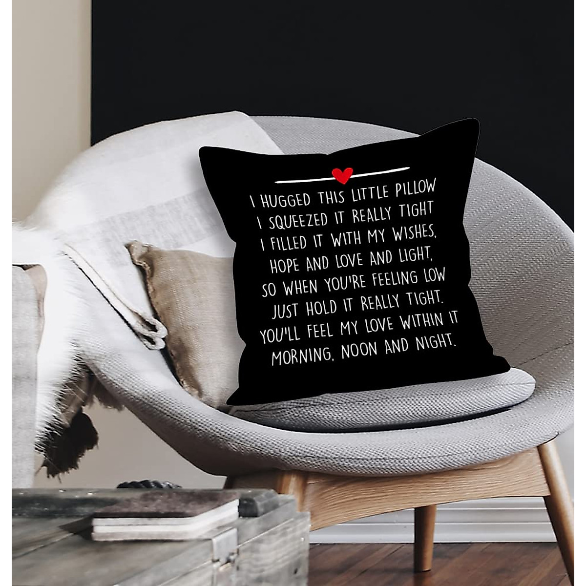 XUISWELL Inspirational Quotes I Hugged This Little Pillow Hug Black Throw Pillow Cover, Long Distance Relationship Gifts for Women Men, Cushion Case for Sofa Bed Home Decor 18 x 18 Inch