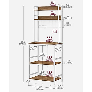 VASAGLE Hutch Bakers Rack with Power Outlet, 14 Hooks Microwave Stand, Adjustable Coffee Bar with Metal Wire Panel, Kitchen Storage Shelf, 15.7 x 23.6 x 66.9 Inches, Rustic Walnut and White UKKS037W41