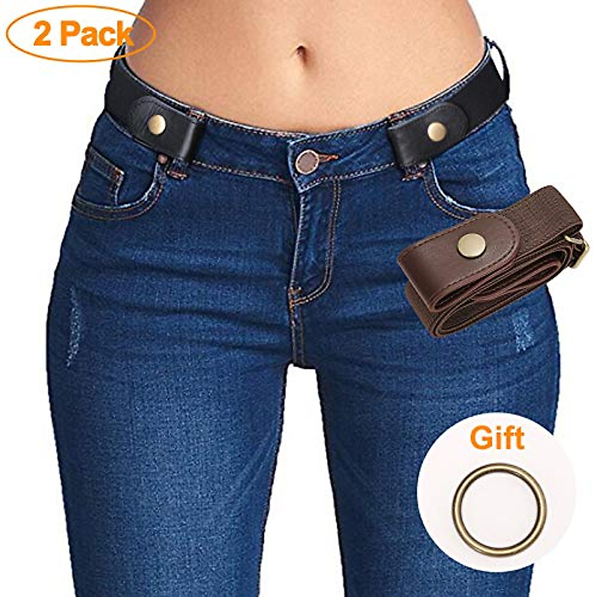 No Buckle Elastic Stretch Belts for Men and Women, Comfortable Invisible Belts for Jeans Pants (I-Black+Coffee, L-XXL:Waist size 34''-48'')