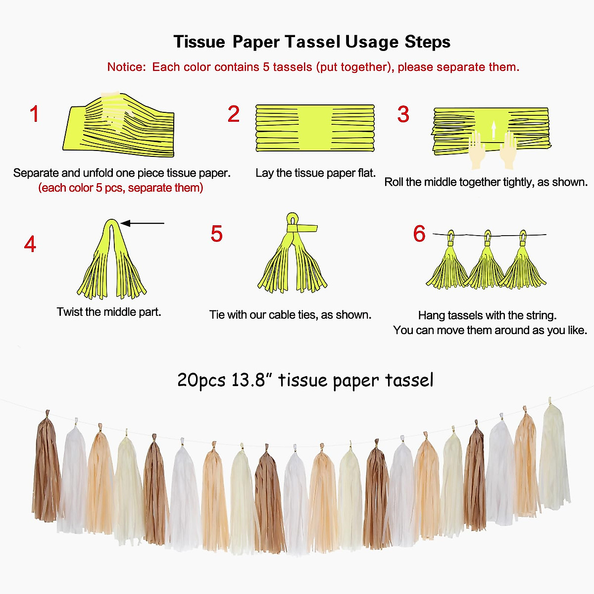 Boho Rainbow Baby-Shower Party-Decorations Tassel-Garland - 20pcs Neutral Birthday Wedding Bridal Tassels, White Brown Champagne Banner Streamers, Engagement Bachelorette Christmas Decor Panduola