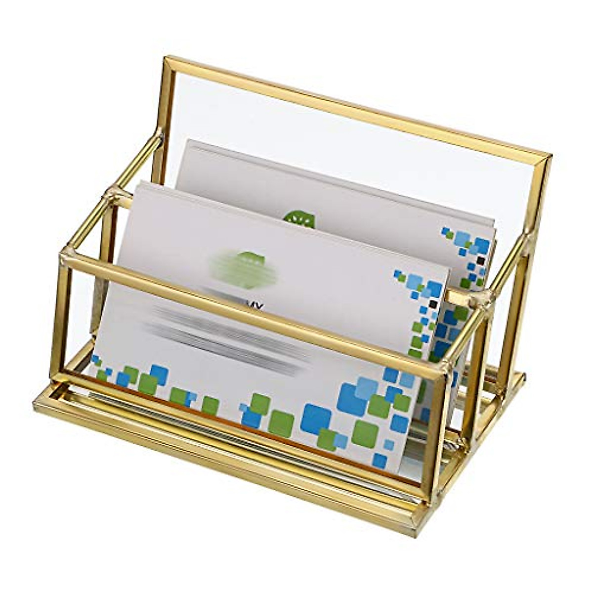 Hipiwe 2 Slots Glass Business Card Holder Stand - Gold Metal Frame Name Card Display Stand Business Name Card Organizer for Office Tabletop,Fits 80-100 Business Cards