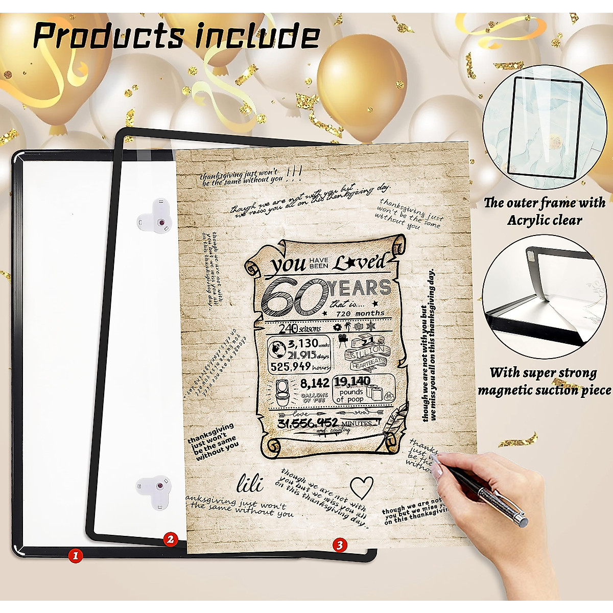 Framed Black 60th Birthday Decorations 60th Birthday Guest Book Alternative 12”x16”, 60 Years Old Birthday Party Supplies Guest Signature Poster, Funny 60 Birthday Gifts for Women Men(60th, Retro)