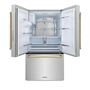ZLINE 36 in. 28.9 cu. ft. Standard-Depth French Door External Water Dispenser Refrigerator with Dual Ice Maker in Fingerprint Resistant Stainless Steel and Polished Gold Traditional Handles