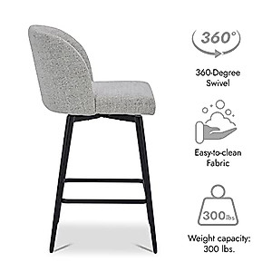 Watson & Whitely Counter Height Bar Stools Set of 2, 360° Swivel Upholstered Barstools with Backs and Metal Legs, 26" H Seat Height, Fabric in White (Multi-Colored)