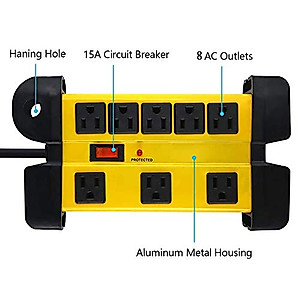 CCCEI Heavy Duty Power Strip Surge Protector for Appliances, 8 Outlet Workshop Power Strip with 1200 Joules Surge, Metal Power Strip with 6FT Extension Cord and Wide Spaced, Yellow