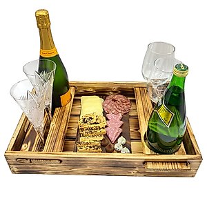 Wine Tray, Dual Glass Rack, Bottle Holder, Cut-Out Handle, with Mini Charcuterie Board, for Wine Tastings, Parties, Bars. Rustic, Handmade of Eco-Friendly Reclaimed Torched Pine Wood