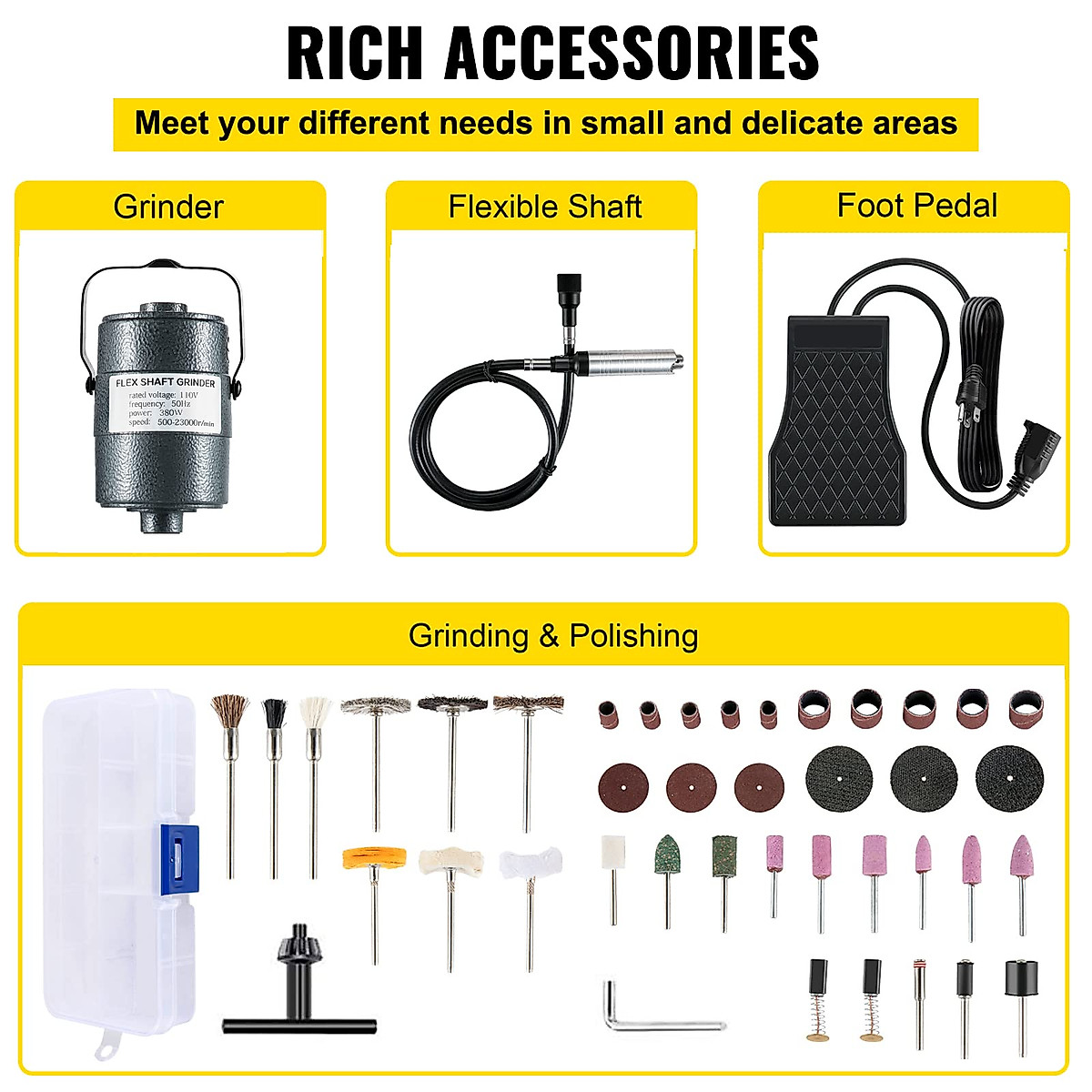VEVOR Flex Shaft Grinder 380W Rotary Tool 500-23000RPM Rotary Carver with 1/4" 3-Jaw Chuck & Stepless Speed Foot Pedal Hanging Grinding Machine 131PCS Accessories for Jewelry Polishing Grinding DIY