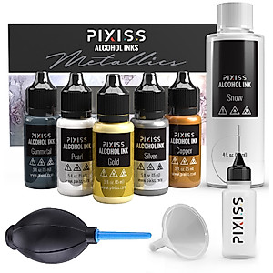 Metallic Alcohol Ink Set - 5 Metal Color Alcohol-Based Inks for Epoxy Resin Art - Concentrated Shimmer Alcohol Paint Color Dye for Resin - 4 Ounce White Alcohol Ink - Pixiss Alcohol Ink Blower
