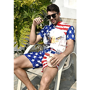 RAISEVERN Men's Rompers Male Zipper Jumpsuit Shorts Flag Independence Day 4th of July One Piece Romper Slim Fit Bro Short Sleeve Shirt Outfits