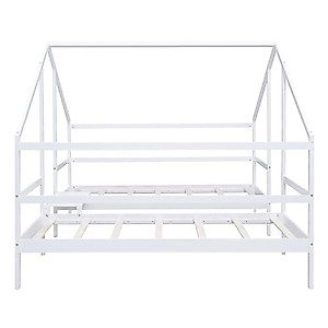 BOVZA Double Twin Size Triangular House Beds for Kids, Wood Bed Frame with Built-in Table, 2 Twin Platform Beds for Kids Teens, White