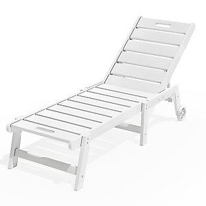 DWVO Patio Chaise Lounge Chair, HIPS Material Outdoor Lounger Recliner with Wheel, Beach Pool Sunbathing Lawn Lounger Recliner Chair with 5 Positions for All Weather, White