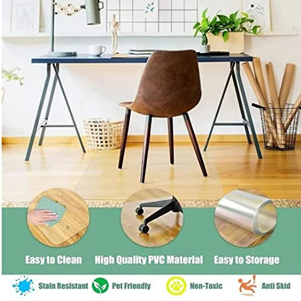 Clear PVC Desk Chair Mat Office Chair Mat for Hard Floors,Floor Mat,Door Mats,1.5mm Thick,95/115/135/155cm wide,100-600cm length,Clear Plastic Vinyl Rug Protector Cover, Family & Pet Friendly Transpar