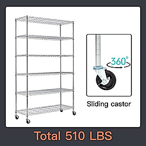 18" D×48" W×72" H Wire Shelving Unit Metal Shelf with 6 Tier Casters Adjustable Layer Rack Strong Steel for Commercial Restaurant Garage Pantry Kitchen Garage，Chrome