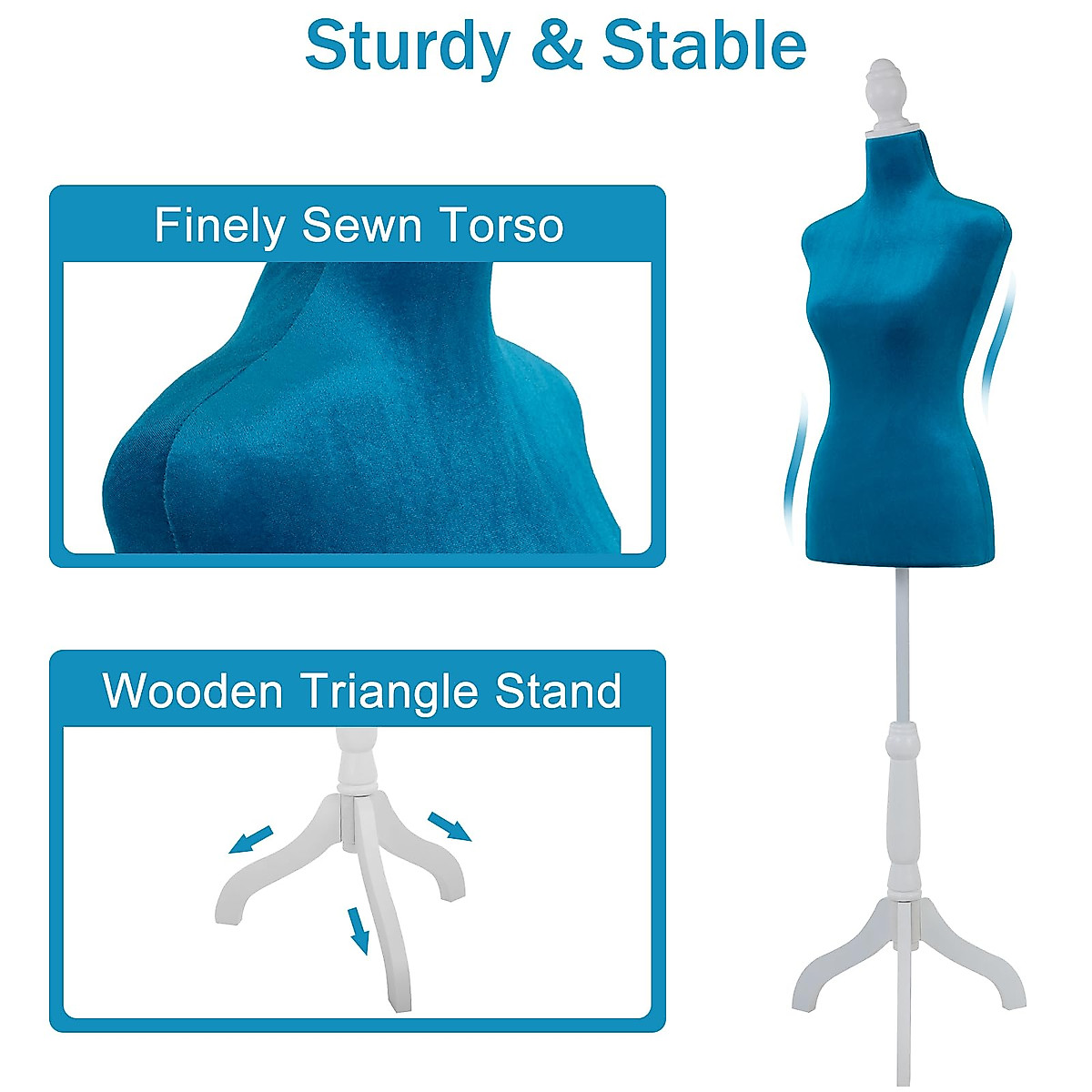 Mannequin Body, Female Dress Form Torso Manikin Body with Adjustable Height Wooden Tripod Stand for Sewing Dressmakers Dress Jewelry Display, Blue