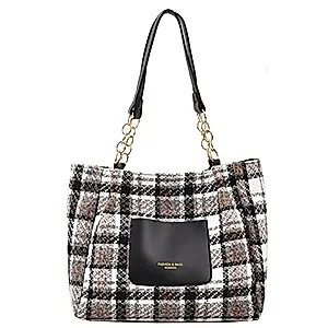 RTGGSEL Plaid Striped Woolen Cloth Shoulder Handbags for Women Tote Purse Ladies Designer Satchel Hobo Bag with Chain Strap Gift (Grey)