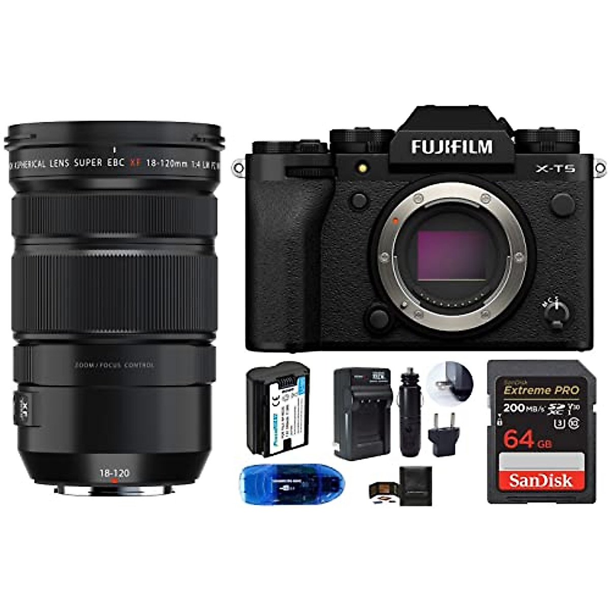 Fujifilm X-T5 Mirrorless Digital Camera Body with FUJIFILM XF 18-120mm f/4 LM PZ WR Lens Bundle, Includes: SanDisk 64GB Extreme PRO SDXC Memory Card, Spare Battery + More (7 Items) (Black)
