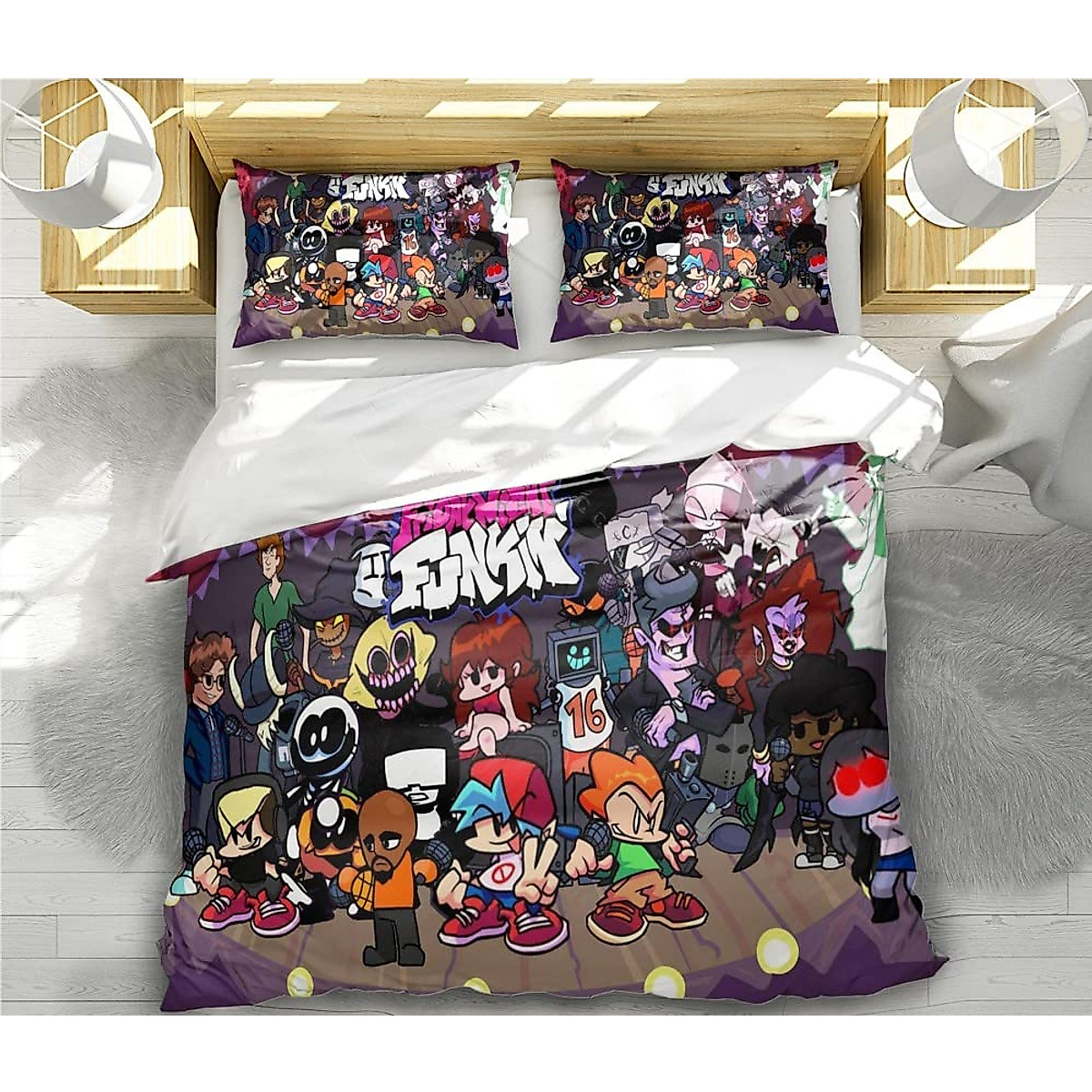 NICHIYOBI Friday Funkin Game FNF Duvet Cover Set 3D Bedding Comforter Cover 3 Pcs (1 Duvet Cover+2 Pillowcases) Bedding Set (01,Full-80x90in+20x30in*2)
