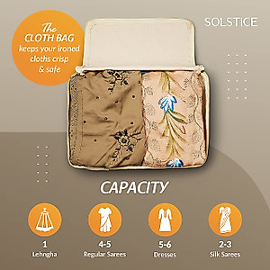 SOLSTICE Cotton Canvas Clothes Storage Bags, Saree Covers with Zip for Storage Specially Design for Woman Dresses, Sarees, Lehengas for Wardrobe Organizer (17 x 14 x 7 Inch, off white)