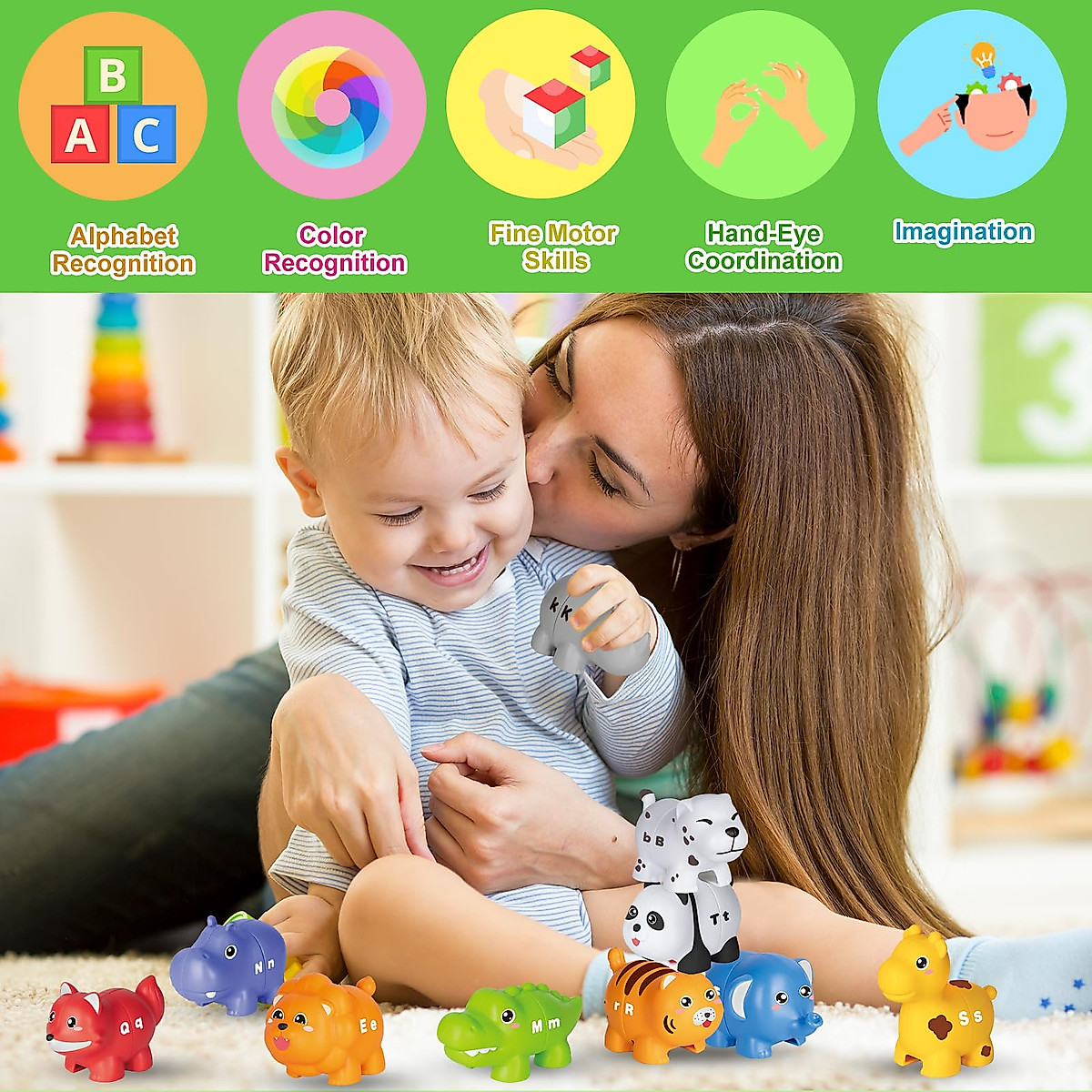 Learning Toys for 2 3 4 Year Old, 52 Pcs ABC Animal Alphabet Match Game with Uppercase Lowercase, 10 Different Animal Figures, Preschool Activities Montessori Fine Motor Toys for Toddlers Kids