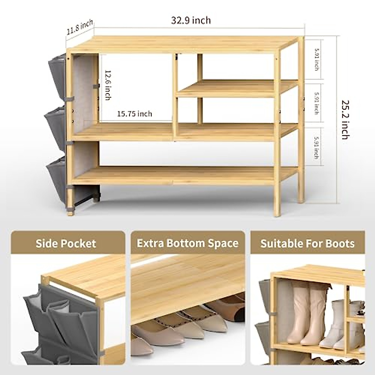 CozyBath Bamboo Shoe Rack, 4 Tiers Shoe Organizer for Closet, Sturdy Boots Shoes Storage for 20-24 Pairs, FreeStanding Shoe Shelf with Removable Pocket for Entryway Bedroom Front Door