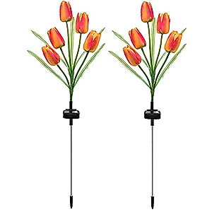 Thafikzi Solar Garden Lights, Outdoor Solar Powered Tulip Flower Lights with 5 Tulip Flowers, Variable Colors Waterproof Solar Decorative LED Lights for Garden, Patio, Backyard (2 Pack Orange red)