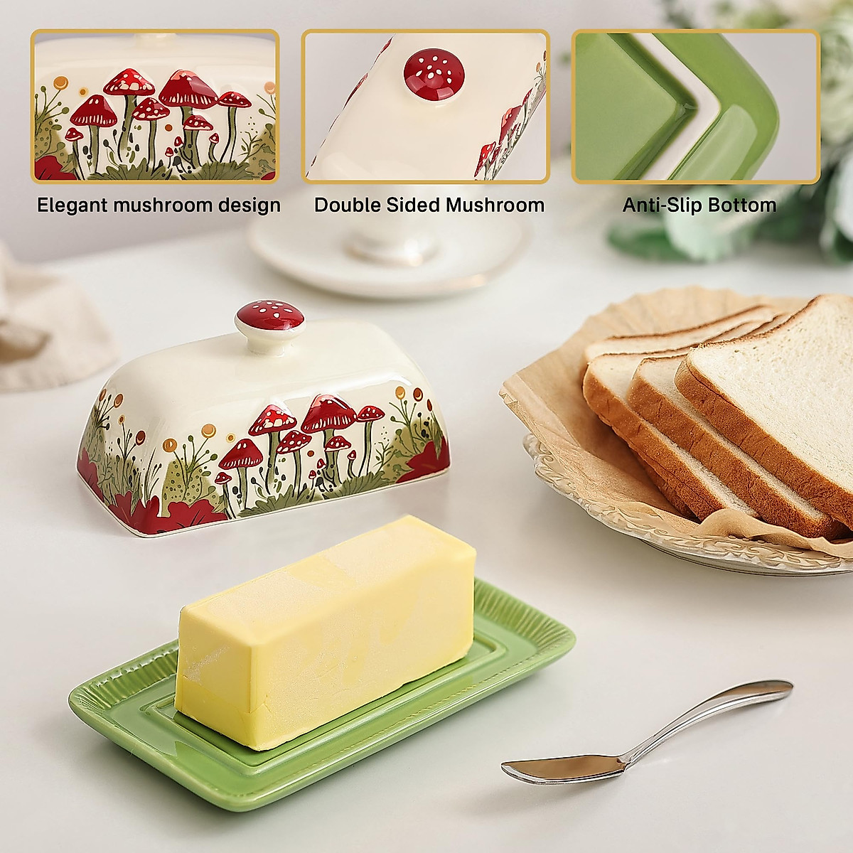 Fungi Fun Mushroom Butter Dish With Lid For Countertop Ceramic Butterdish, Red Mushroom Butter Container, Butter Tray Large Butter Dish Covered (White, Standard)