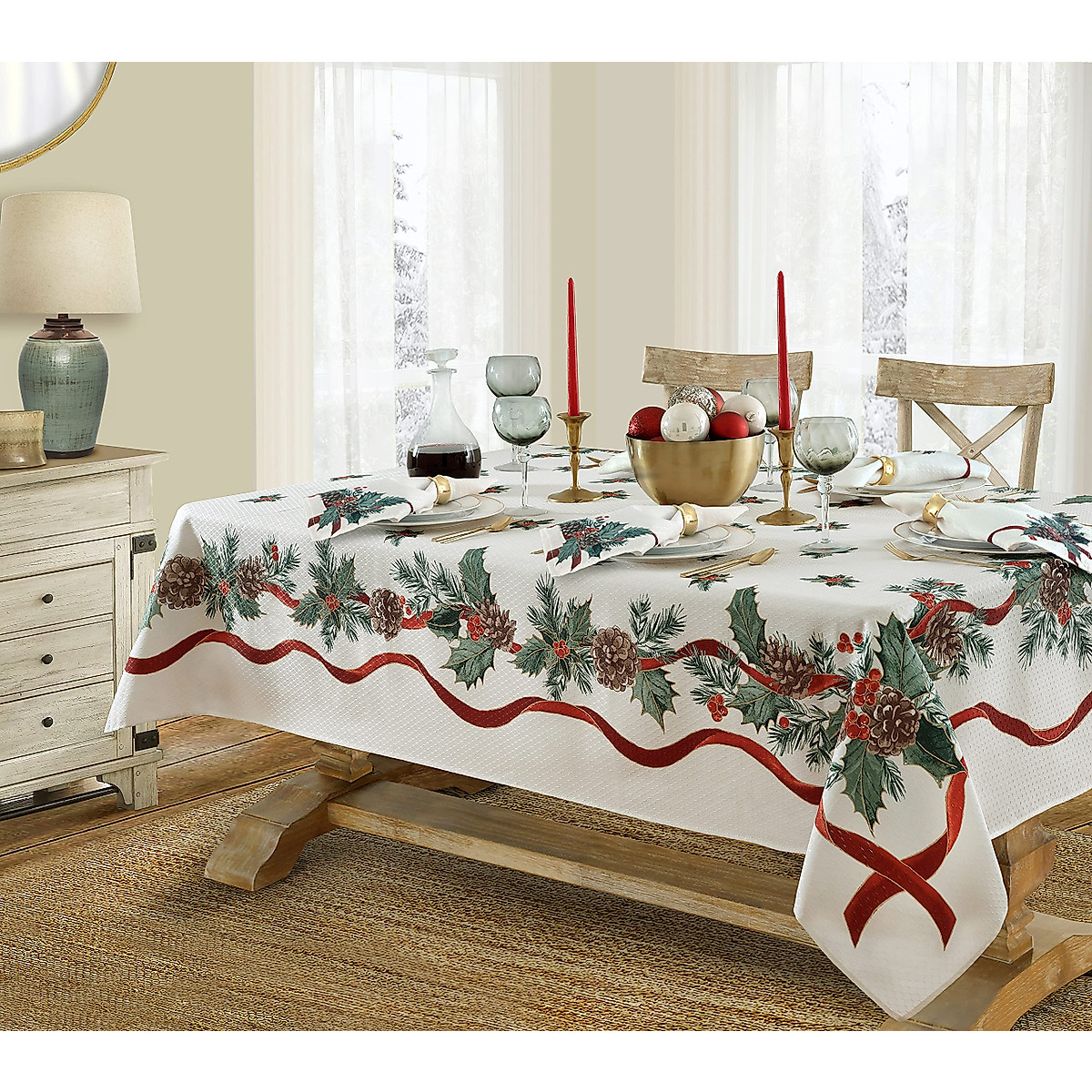 Lintex Evergreen Garland Double Ribbon Bordered Cottage Christmas Tablecloth, Holly and Pine Cone Country Xmas Holiday Easy Care Fabric Tablecloth, 52 Inch x 52 Inch Square