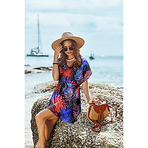 Ekouaer Women's Cover Ups Casual Swimsuit Coverups Flowy Tie Waist Beach Cover Up Dress(Black Red Leaf, X-Large)