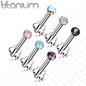 Dynamique Implant Grade Titanium Threadless Push In Flower Base Labret, Flat Back Studs With CZ Prong Set Top For Cartilage, Monroe, Nose (Sold Per Piece)