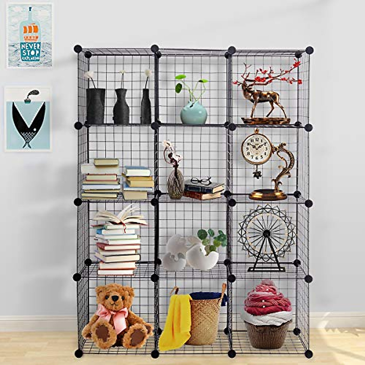 HAPPYGRILL 12-Cube Metal Wire Storage Cubes, Free Standing Modular Shelving Grids, Customizable Metal Rack Bookcase DIY Storage Organizer (42" x 14" x 56"(L x W x H))
