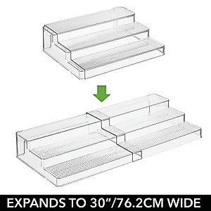 mDesign Plastic Spice and Food Kitchen Expandable Cabinet Shelf Organizer - 3 Tier Storage - Modern Compact Caddy Rack - Holds Spices/Herb Bottles, Jars - for Shelves, Cupboards, Refrigerator - Clear
