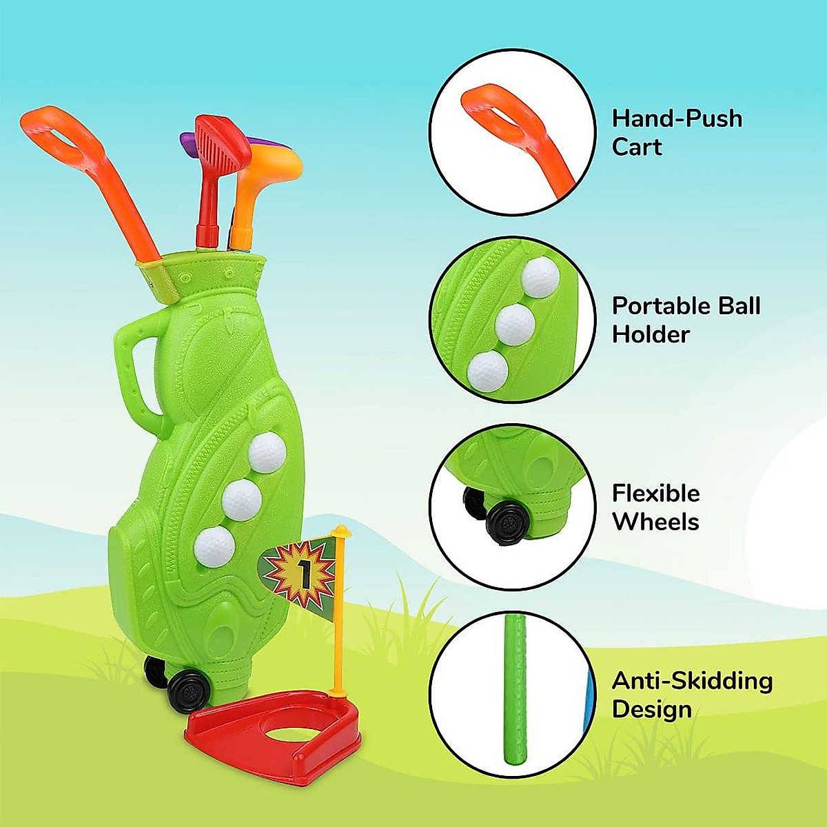 High Bounce Kids Golf Clubs, Toddler Golf Set, 2 Golf Carts, 3 Golf Clubs, 1 Practice Hole, and 6 Balls, for 2+ Year Old Boys and Girls - Toddler Golf Play Set, Mini Golf Game, Outdoor Sports Toy