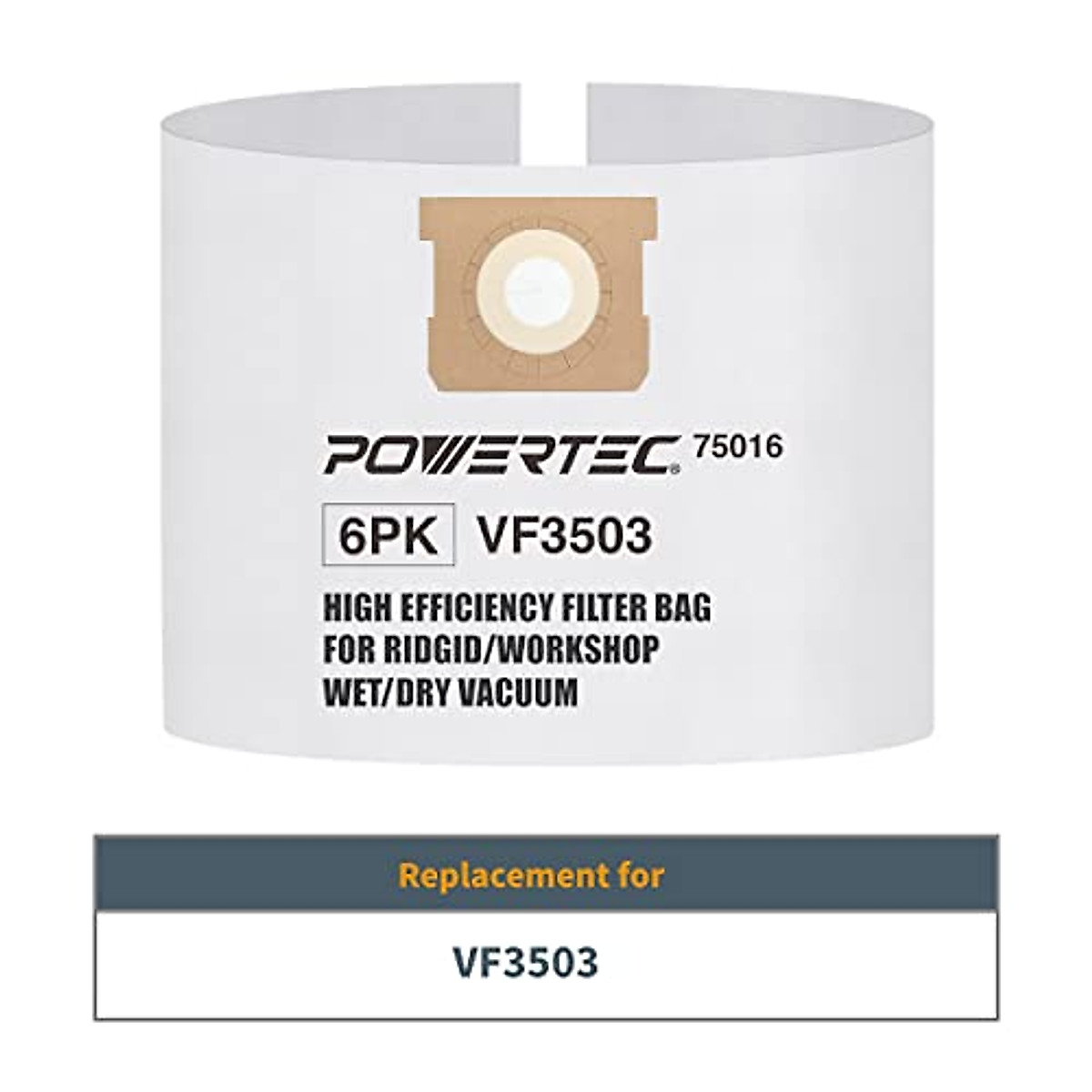 POWERTEC 6PK VF3503 Size B Replacement Bags for Ridgid 6-9 gallon Wet/Dry Vacs, Ridgid Shop Vac Bags, Fits WD5000, WD5500, WD0970, WD0975, WD0670, WorkShop WS32090F2 (75016-P3)
