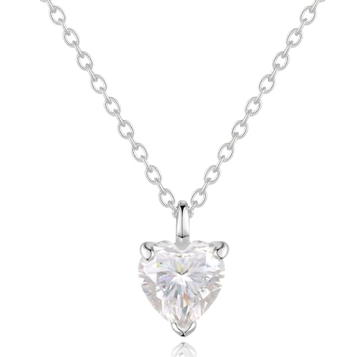 BREN Heart Necklace for Women, 1ct Moissanite Solitaire, Sterling Silver, White Gold Plated, 15"+3" Chain for Women, Moms, Lovers