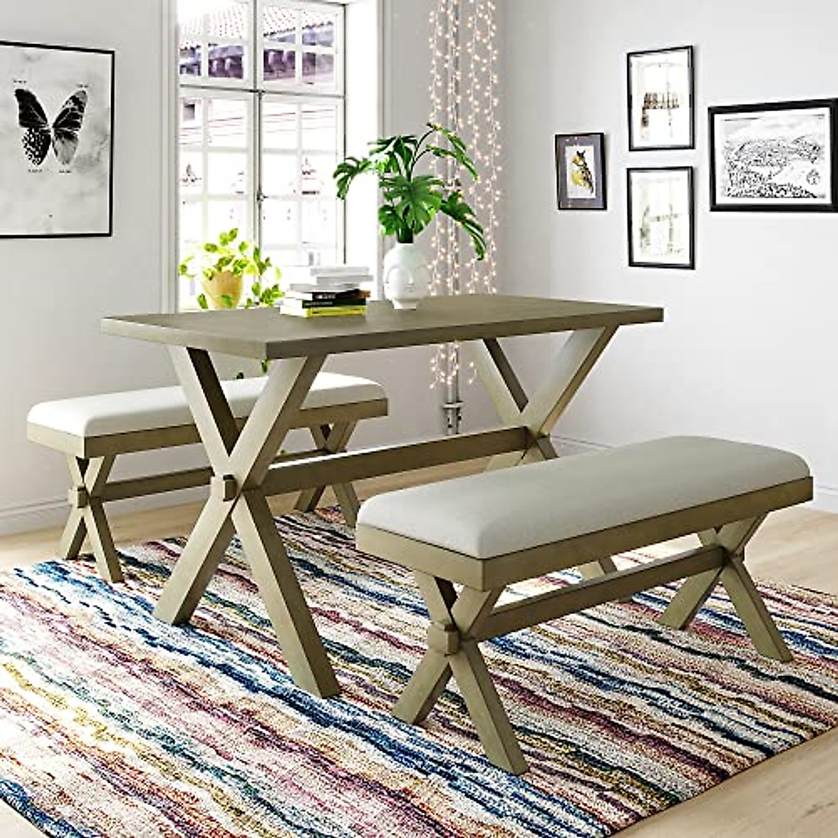 UBGO Chair for 4, 3 Piece Modern Leisure Set with 2 Upholstered Bench Rectangular Table for Kitchen, Dining Room, Restaurant, Apartment Small Space Furniture, Gray Green